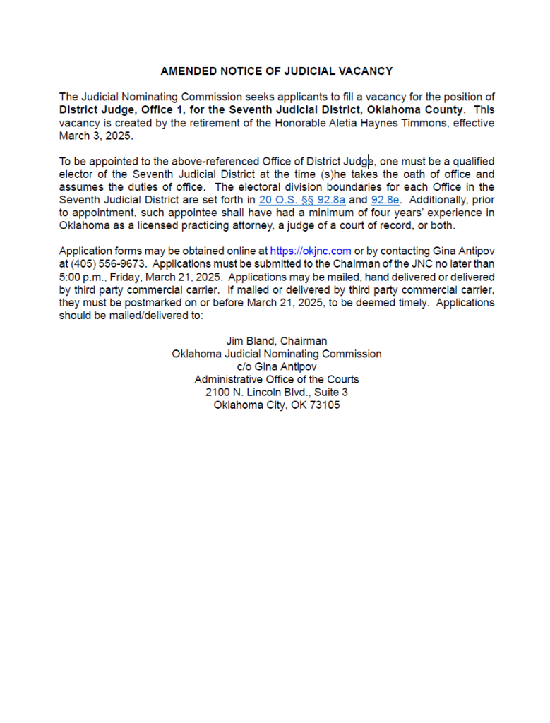 District Judge, Office 1, Oklahoma County – JNC